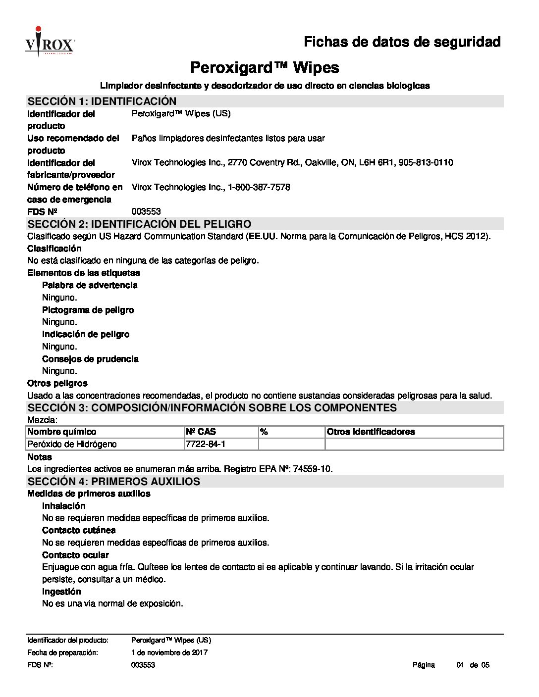 Peroxigard Wipes (US)_GHS_Spanish_11.01.17 | Peroxigard™