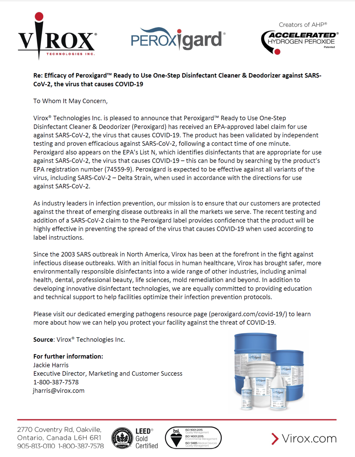 Re: Efficacy of Peroxigard™ Ready to Use One-Step Disinfectant Cleaner ...